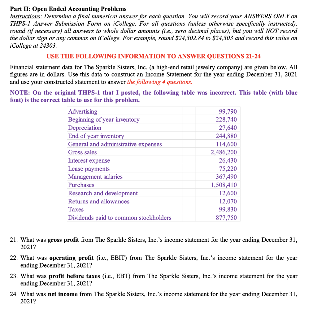 Solved Part II: Open Ended Accounting Problems Instructions: | Chegg.com