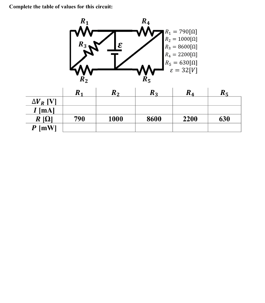 Solved Complete the table of values for this circuit: R1 mar | Chegg.com