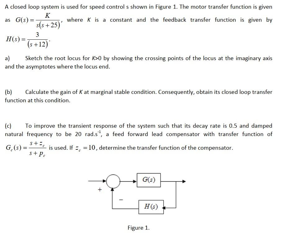 Solved = 1 A closed loop system is used for speed control s | Chegg.com