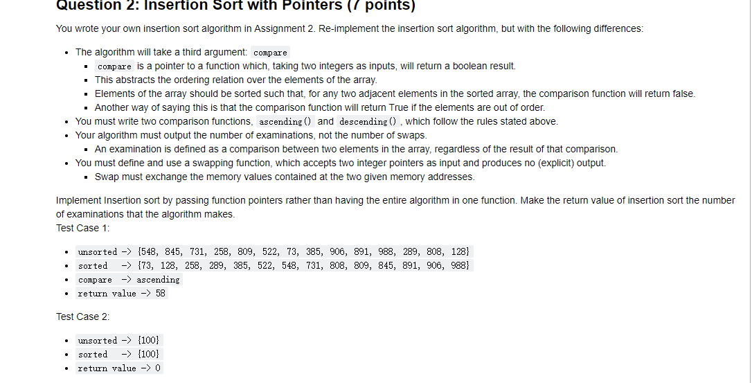 Question 2: Insertion Sort with Pointers (7 points) | Chegg.com