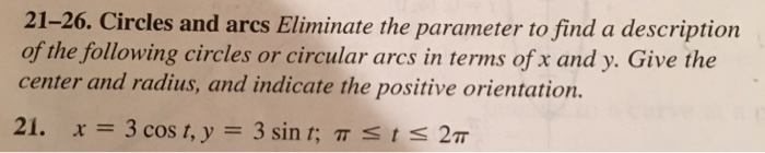 Solved 21-26. Cireles and ares Eliminate the parameter to | Chegg.com