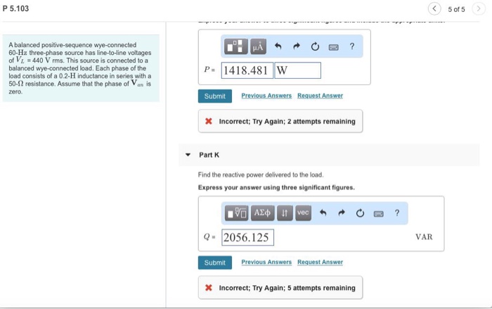 Solved P 5.103 5 of5 A balanced positive-sequence | Chegg.com