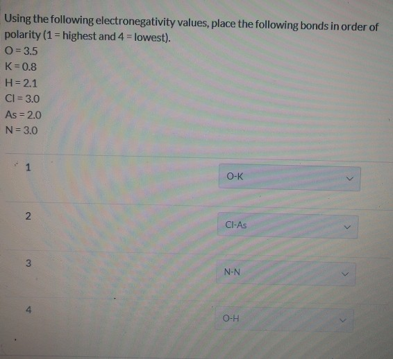Solved Using the following electronegativity values, place | Chegg.com