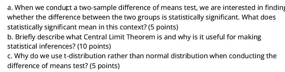 Solved a. When we conduct a two-sample difference of means | Chegg.com
