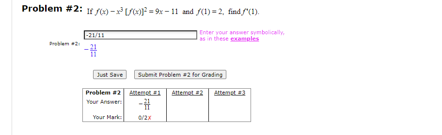 Solved Problem \# 2: If f(x)−x3[f(x)]2=9x−11 and f(1)=2, | Chegg.com