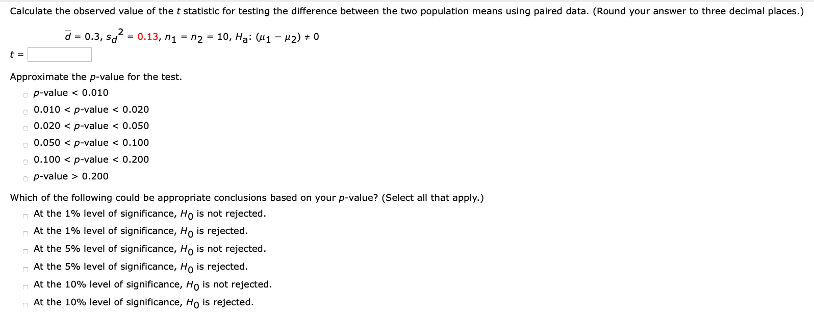 Solved Calculate the observed value of the t statistic for | Chegg.com