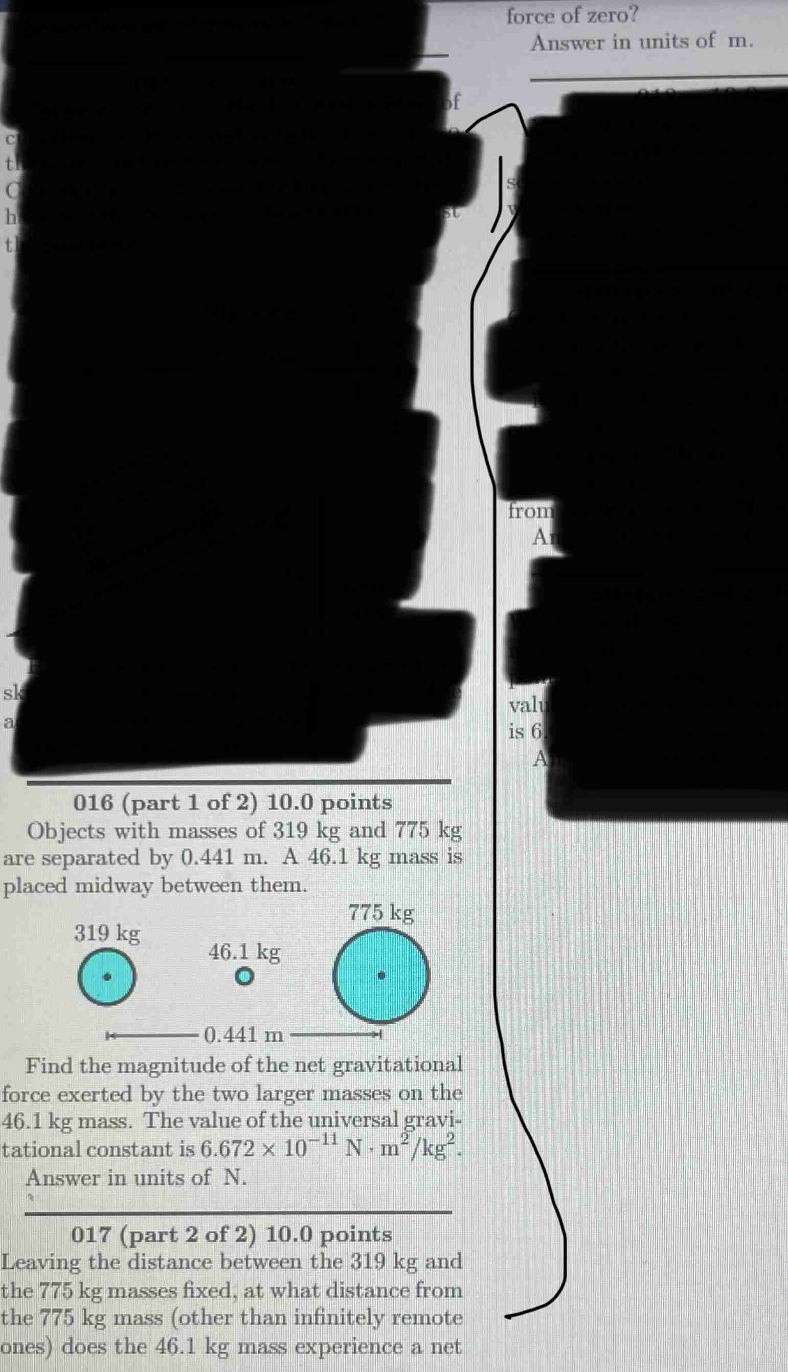 Solved 016 (part 1 ﻿of 2) 10.0 ﻿pointsObjects with masses of | Chegg.com
