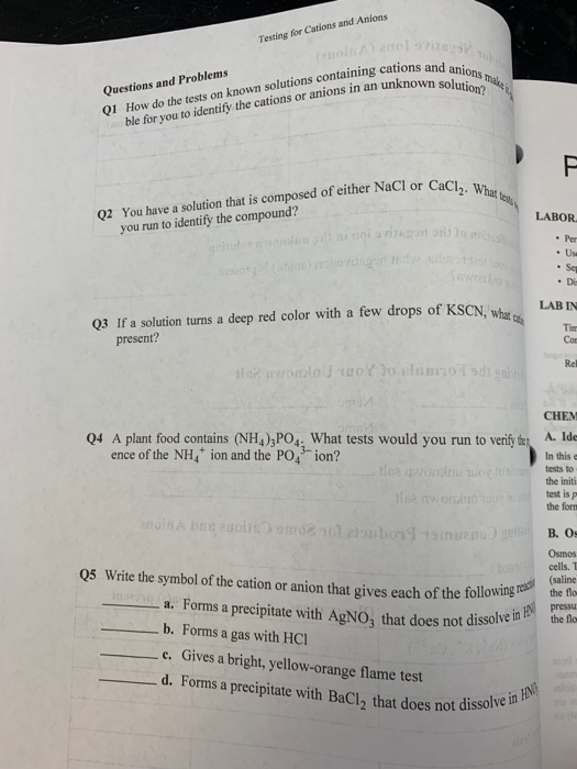 Solved Testing for Cations and Anions Questions and Problems | Chegg.com