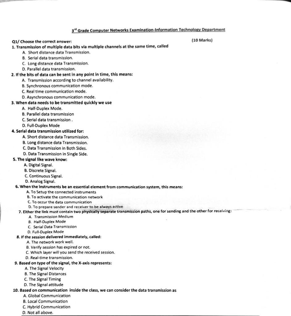 Solved 3 Grade Computer Networks Examination Information | Chegg.com