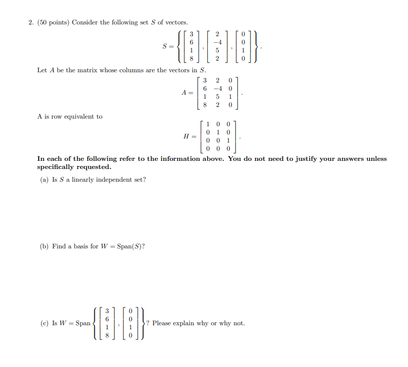 Solved 2. ( 50 points) Consider the following set S of | Chegg.com