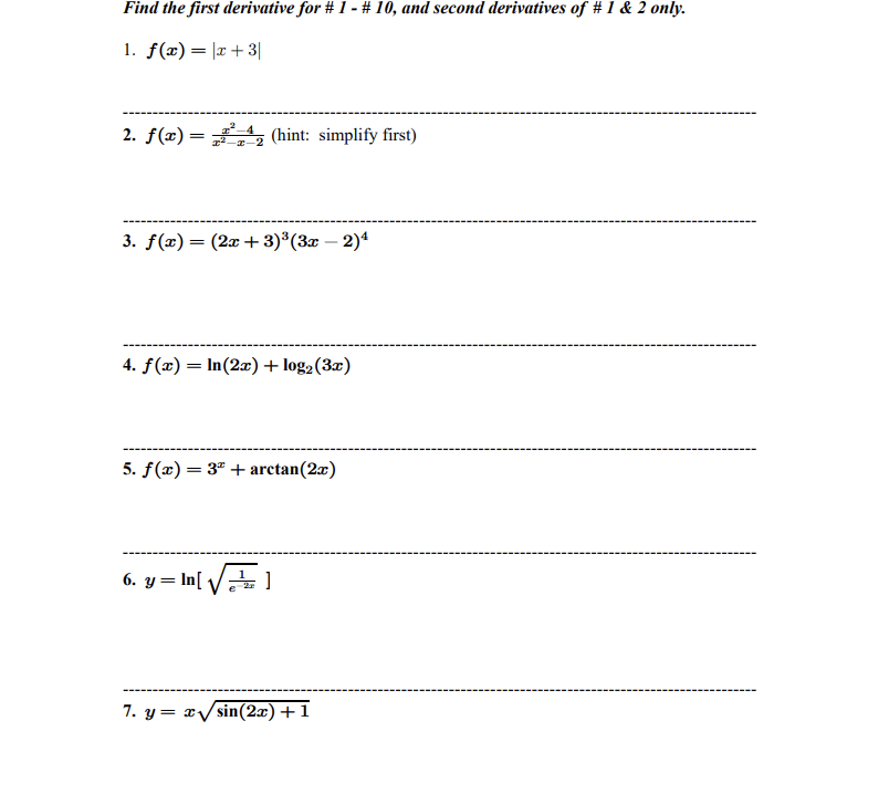 Solved Find the first derivative for \# 1 - \# 10 , and | Chegg.com