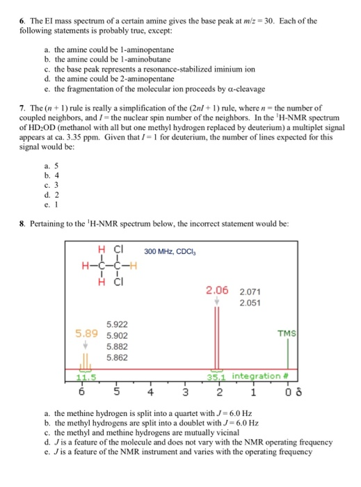 Solved 6. The El mass spectrum of a certain amine gives the | Chegg.com