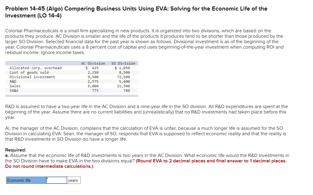 Problem 14-45 (Algo) Comparing Business Units Using | Chegg.com