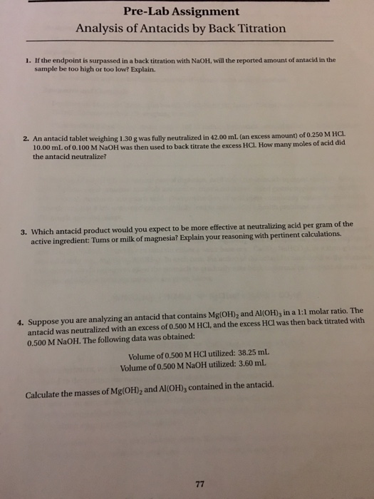 Pre-Lab Assignment Analysis of Antacids by Back | Chegg.com
