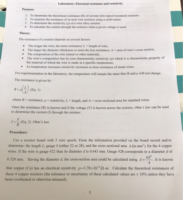 Solved Laboratory: Electrical resistance and resistivity | Chegg.com