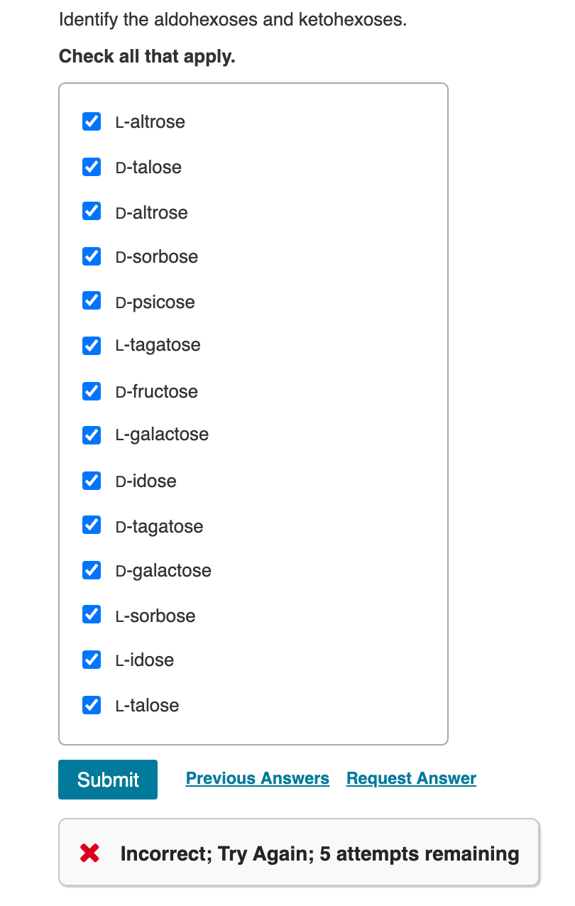 Solved Identify the aldohexoses and ketohexoses. Check all | Chegg.com