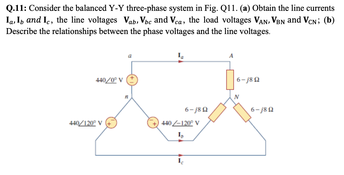 Solved Q.11: Consider the balanced Y-Y three-phase system in | Chegg.com