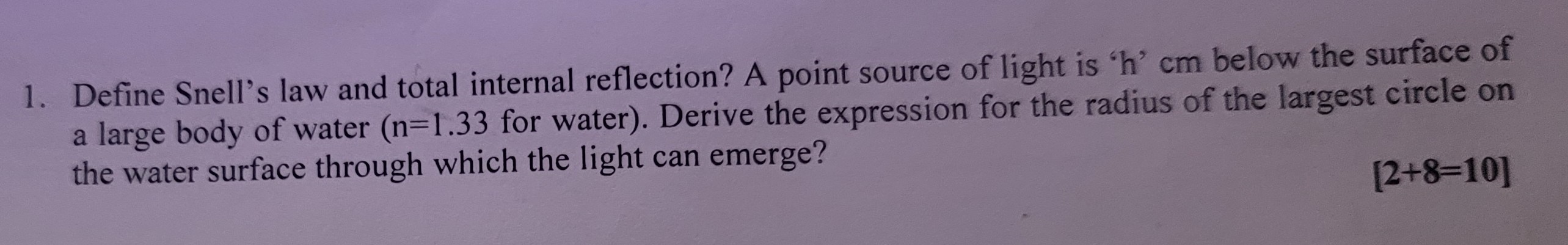 Solved 1. Define Snell's law and total internal reflection? | Chegg.com