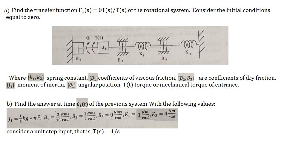 Solved a) Find the transfer function F1( s)=θ1( s)/T(s) of | Chegg.com
