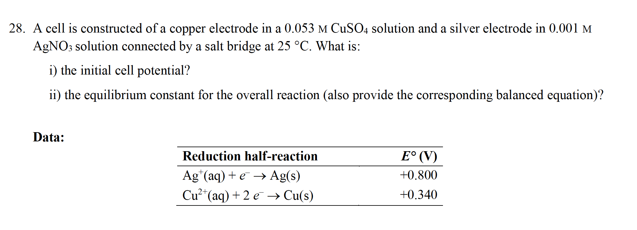Solved 28. A cell is constructed of a copper electrode in a | Chegg.com