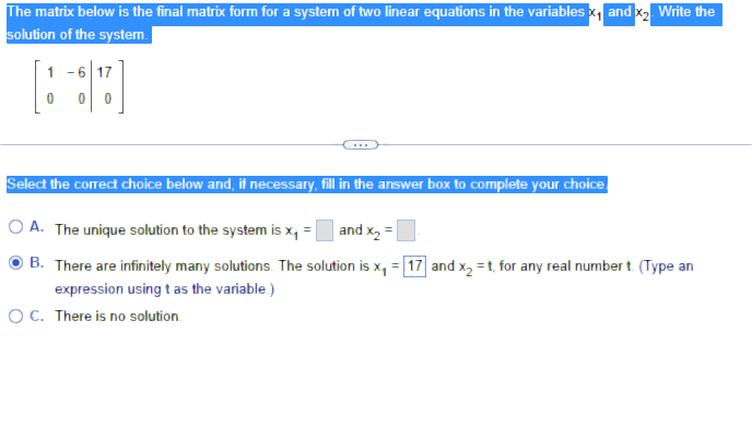 Solved The matrix below is the solution of the system. | Chegg.com