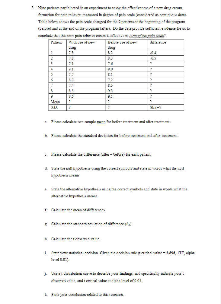 Solved 3. Nine patients participated in an experiment to | Chegg.com