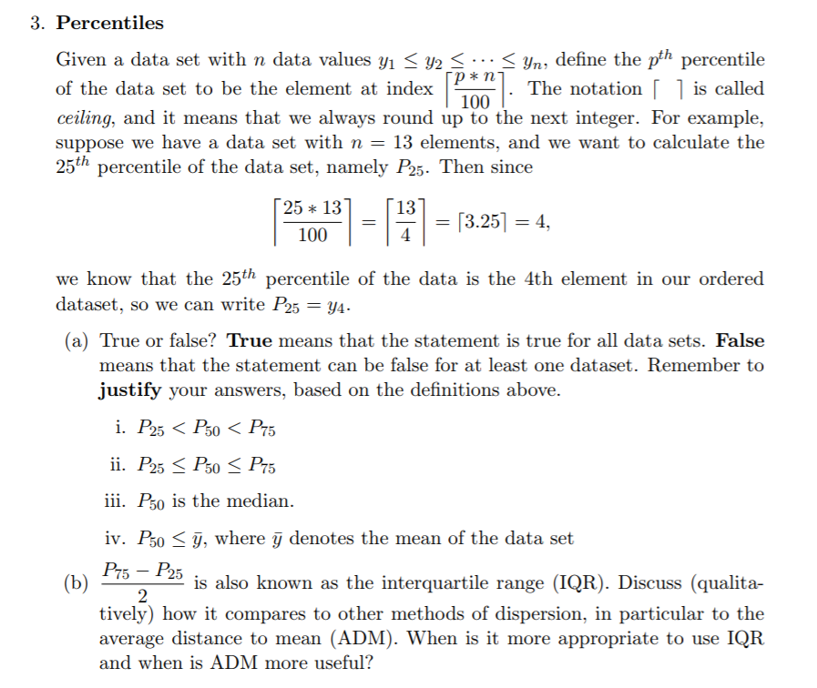 Solved 3. Percentiles Given a data set with n data values y1 | Chegg.com
