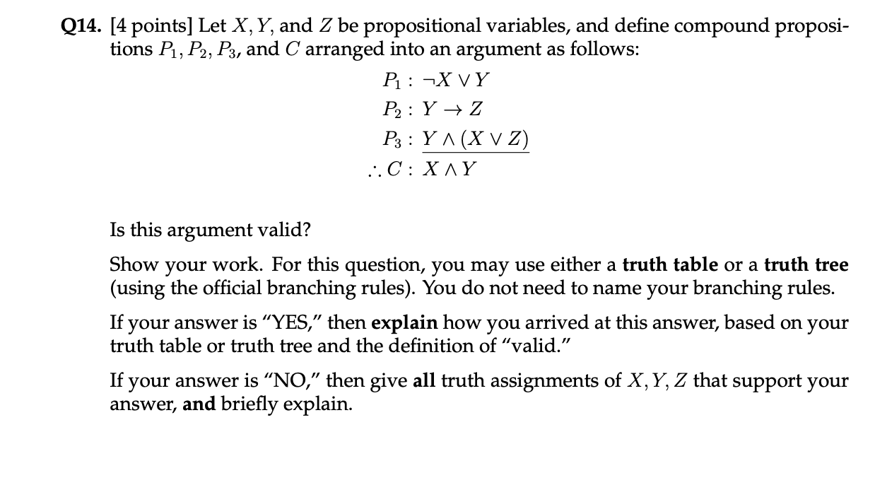 Solved Q14. [4 points] Let X, Y, and Z be propositional | Chegg.com