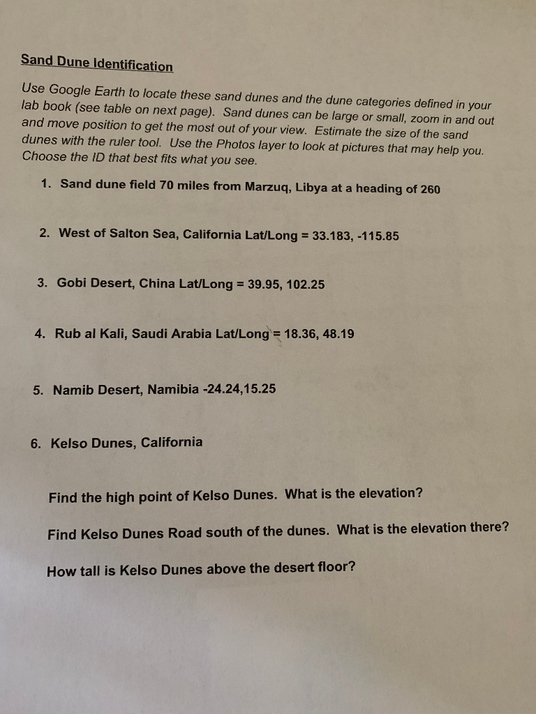 Solved Sand Dune Identification Use Google Earth to locate | Chegg.com