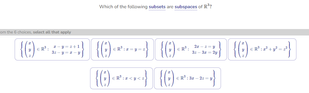 Solved Which of the following subsets are subspaces of R3 ? | Chegg.com