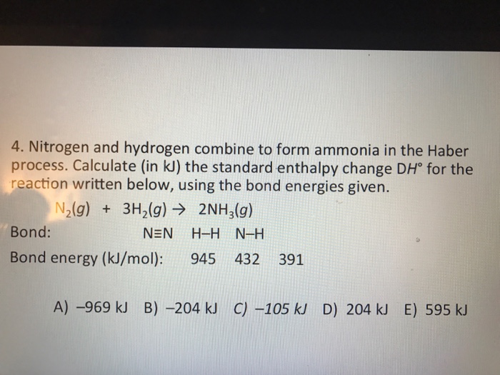 Solved Nitrogen and hydrogen combine to form ammonia in the | Chegg.com