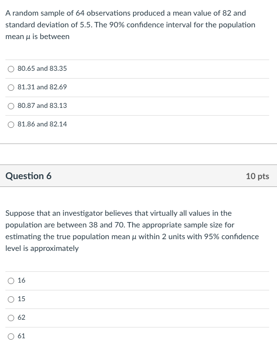 Solved A Random Sample Of 64 Observations Produced A Mean