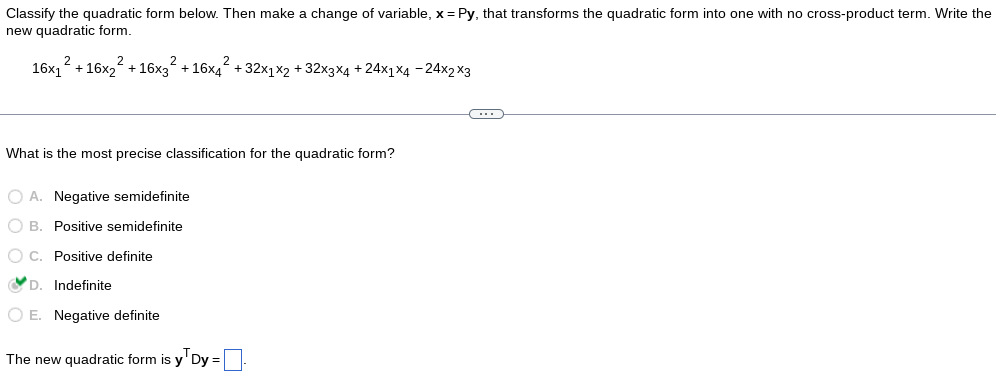 Solved Classify the quadratic form below. Then make a change | Chegg.com