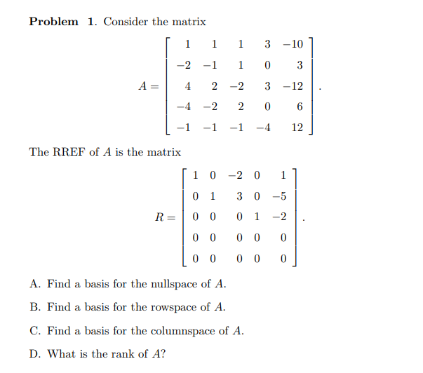 Solved Problem 1. Consider the matrix | Chegg.com