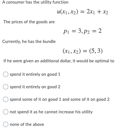 Solved A consumer has the utility function u(x1,x2) = 2x1 + | Chegg.com