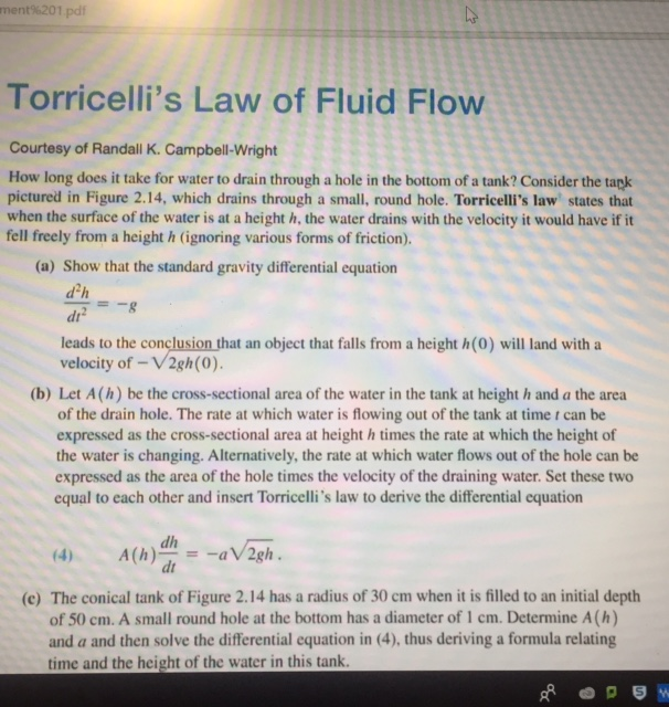 Solved ment%201 pdf Torricelli's Law of Fluid Flow Courtesy | Chegg.com