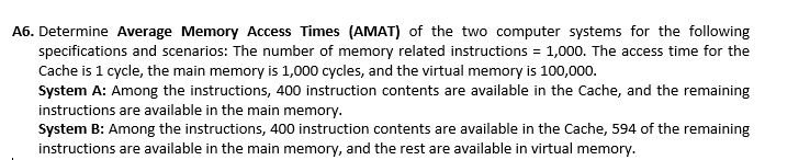 A6. Determine Average Memory Access Times (AMAT) of | Chegg.com
