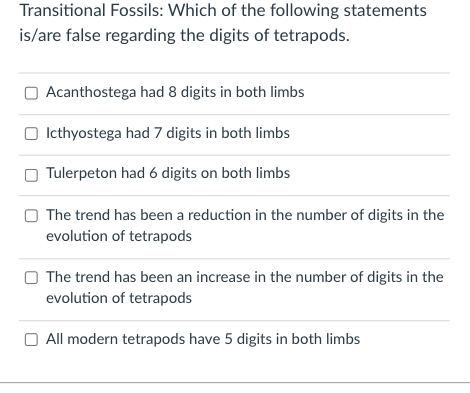 Solved Transitional Fossils: Which of the following | Chegg.com