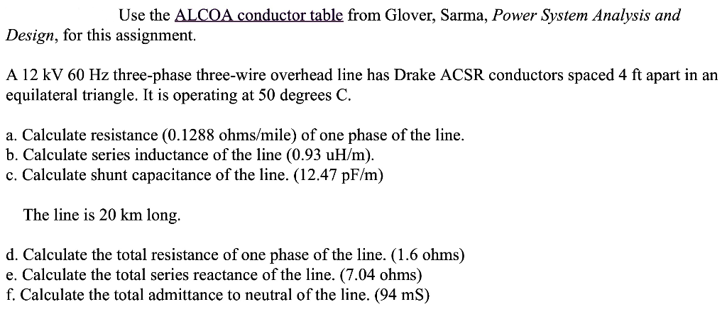 Use the ALCOA conductor table from Glover, Sarma, | Chegg.com
