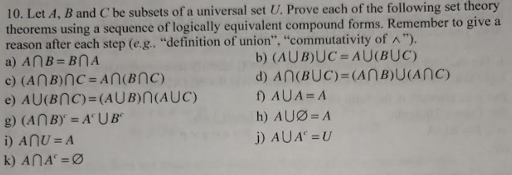 Solved 10. Let A, B and C be subsets of a universal set U. | Chegg.com