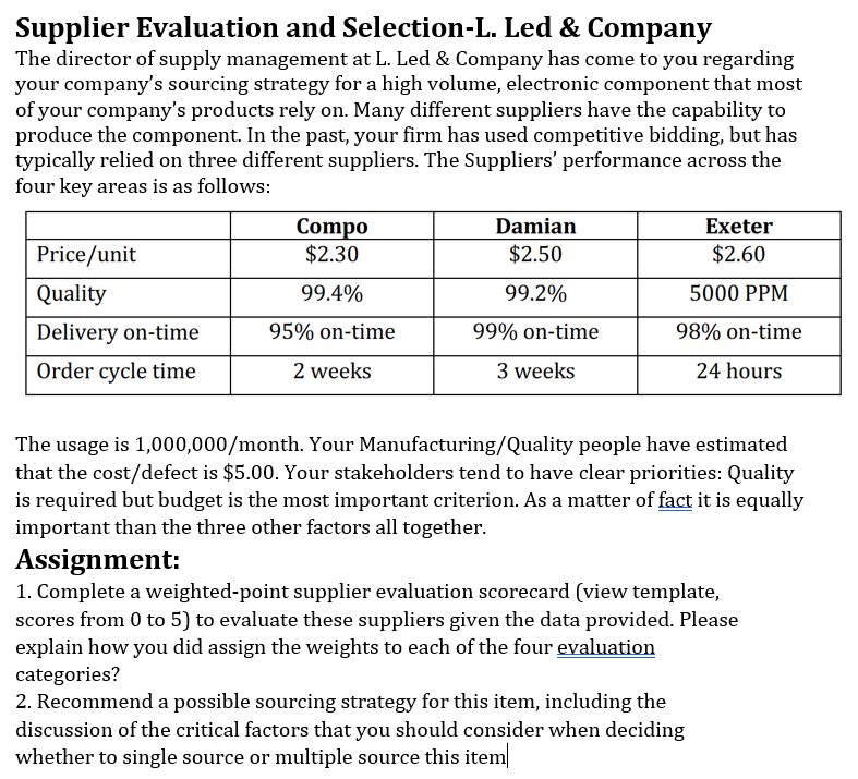 Solved Supplier Evaluation and Selection-L. Led \& Company | Chegg.com
