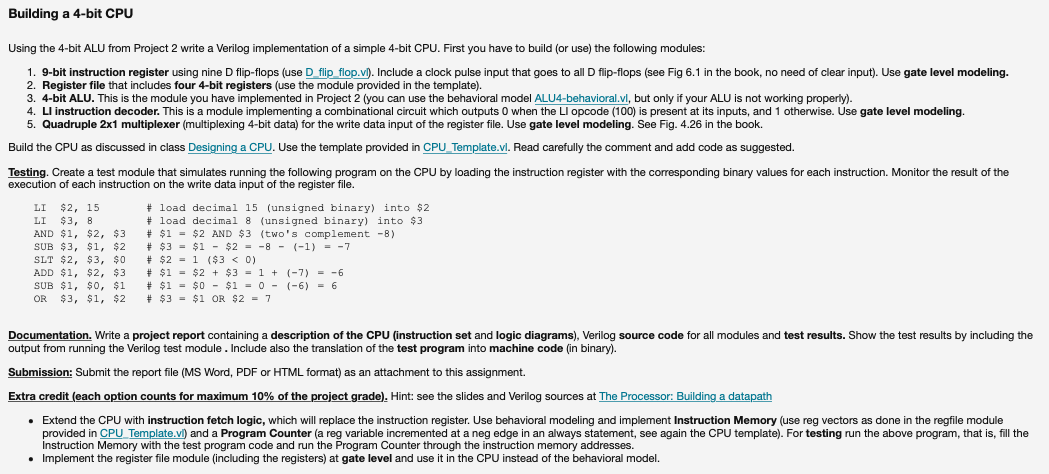Building a 4-bit CPU Using the 4-bit ALU from Project | Chegg.com