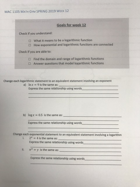 Solved MAC 1105 MATH GYM SPRING 2019 wEEK 12 Goals for week | Chegg.com Solved MAC 1105 MATH GYM SPRING 2019 wEEK 12 Goals for week | Chegg.com