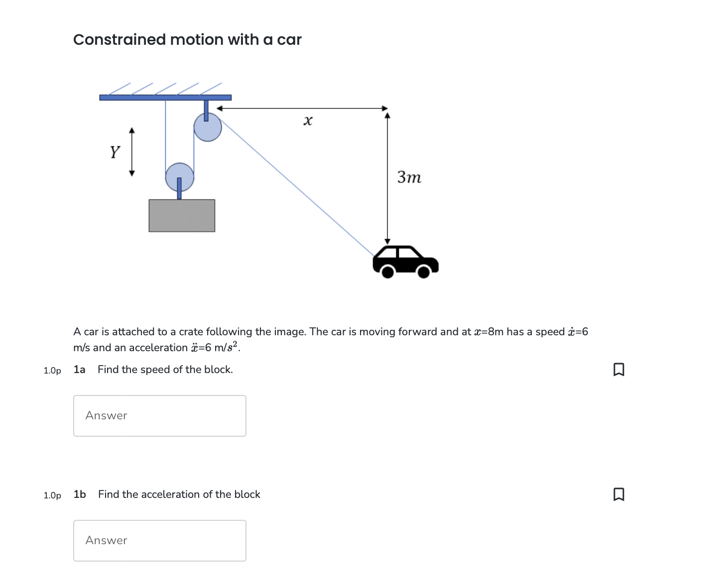 Solved Constrained motion with a carA car is attached to a | Chegg.com