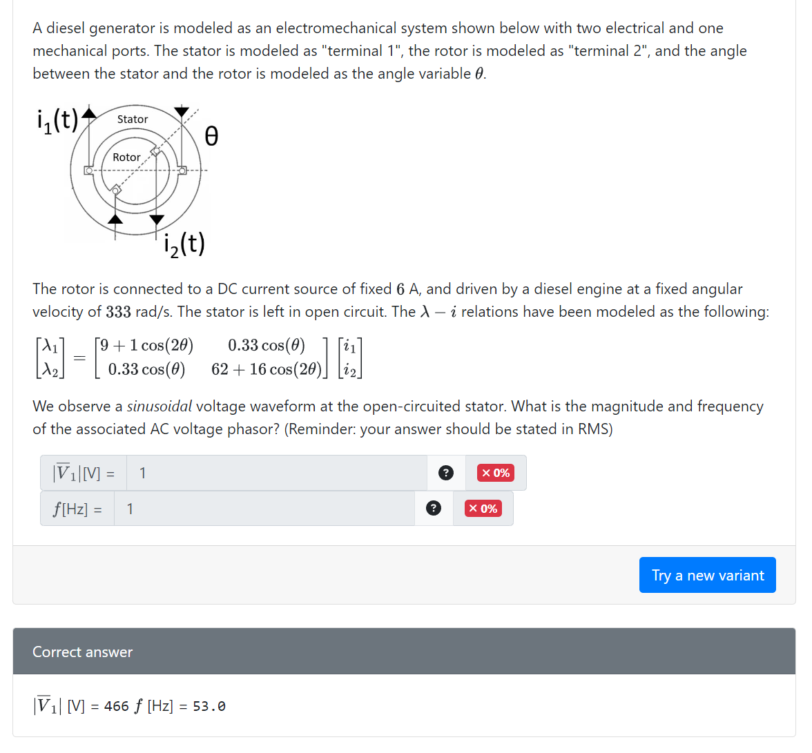 Solved A diesel generator is modeled as an electromechanical | Chegg.com