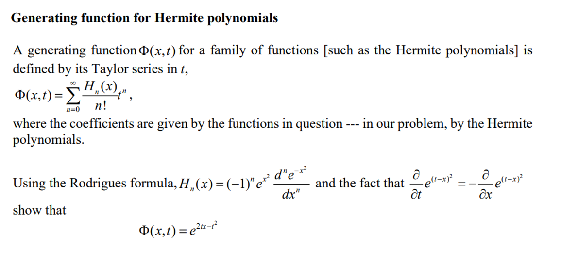 Solved Generating Function For Hermite Polynomials A