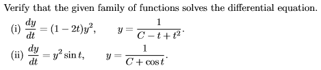 Solved Verify that the given family of functions solves the | Chegg.com