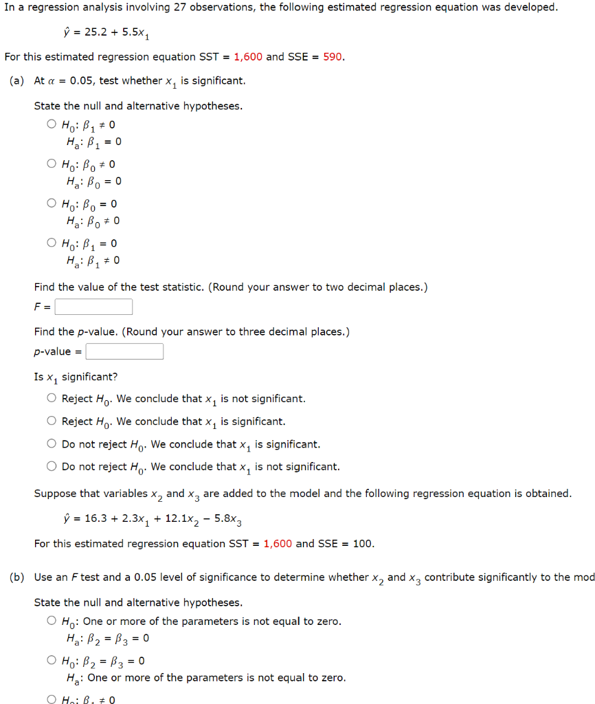 Solved a regression analysis involving 27 observations, the | Chegg.com