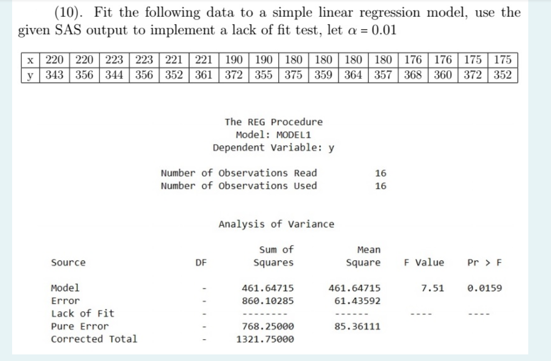 Solved (10). Fit the following data to a simple linear | Chegg.com