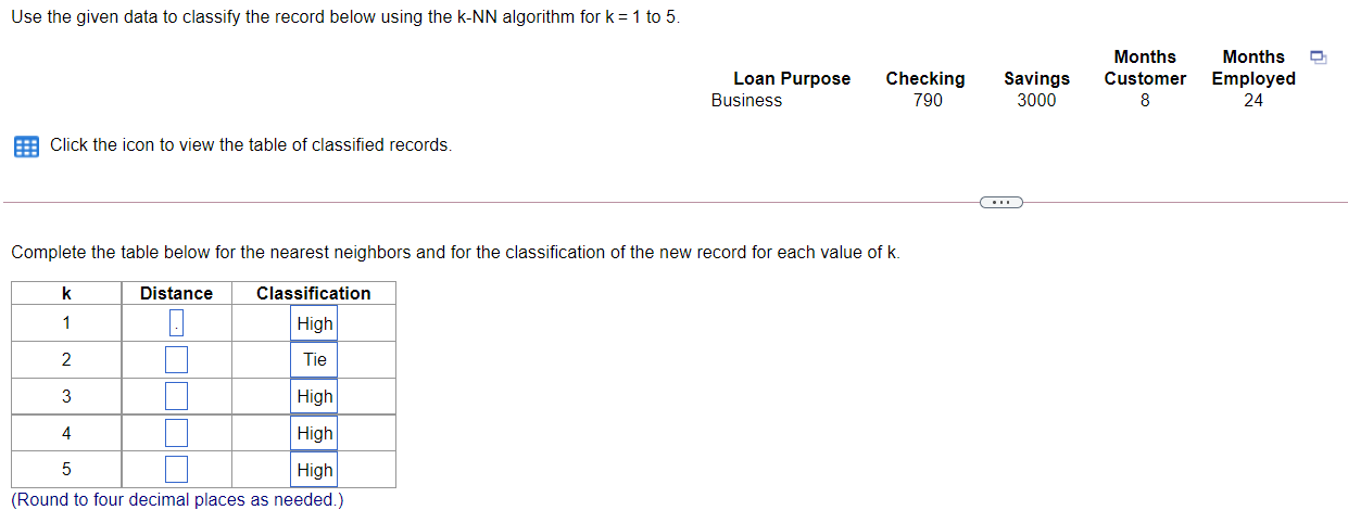 Solved Use the given data to classify the record below using | Chegg.com